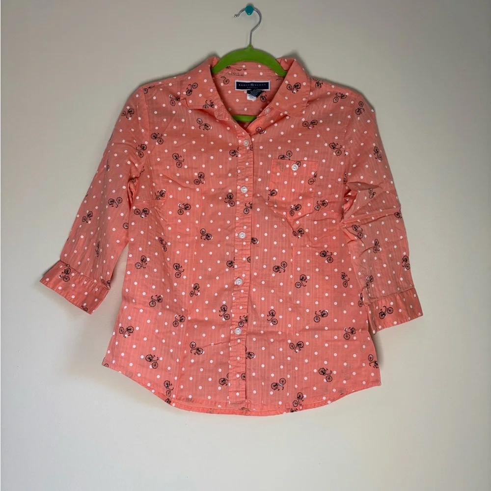 Karen Scott | Tops | Karen Scott Coral Polka Dot Bicycle Shirt | Poshmark
